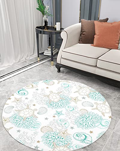 Round Carpet Plush Area Rug Ocean Cute Sea Turtle Coral Shell Starfish, Soft Shaggy Floor Mats Circular Furry Rugs Cartoon Art for Bedroom/Living Room/Nursery/Kids Room