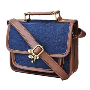 Erangle Vintage Girl's Leather Satchel Purse For School College Work Messenger Denim Cross-body Bag (Blue Brown, Medium)