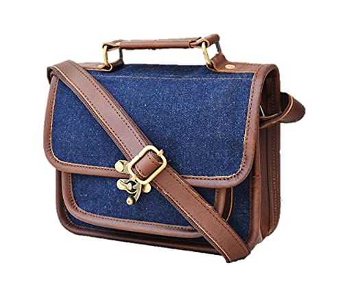 Erangle Vintage Girl's Leather Satchel Purse For School College Work Messenger Denim Cross-body Bag (Blue Brown, Medium)