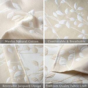 CAROMIO Muslin Throw Blanket, Soft Breathable Yarn Dyed Jacauard Leaf Pattern Cotton Throw Blankets for Couch Bed Sofa, Quilted Muslin Throw Blankets for Adults, Beige, 50 x 60 Inches