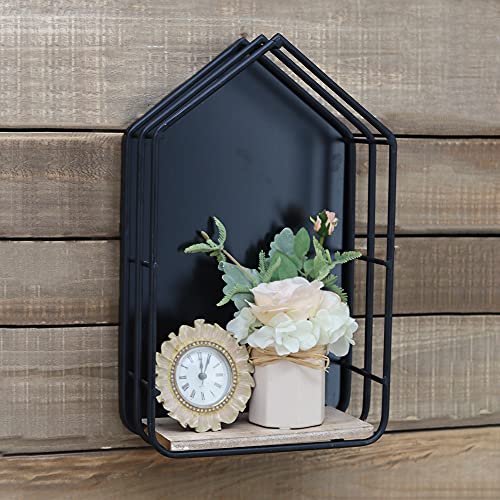 House Shaped Black Metal Ledge, Rural Farmhouse Floating Wall Shelf for Kitchen, Bathroom, Bedroom, Living Room or Office with Wood Board,9.5x15