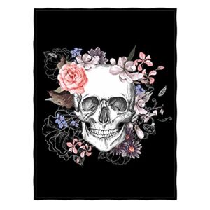 mimihome skull throw blanket, sugar skulls flowers warm fleece blanket for sofa couch bed chair, 80 l x 58 w inches