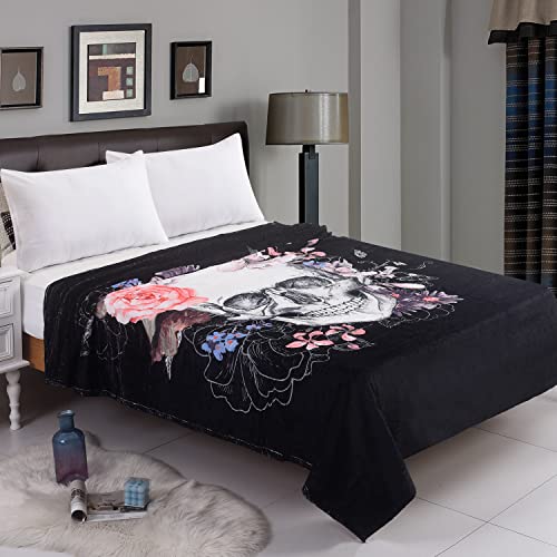 Mimihome Skull Throw Blanket, Sugar Skulls Flowers Warm Fleece Blanket for Sofa Couch Bed Chair, 80 L x 58 W Inches