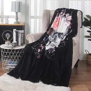 Mimihome Skull Throw Blanket, Sugar Skulls Flowers Warm Fleece Blanket for Sofa Couch Bed Chair, 80 L x 58 W Inches