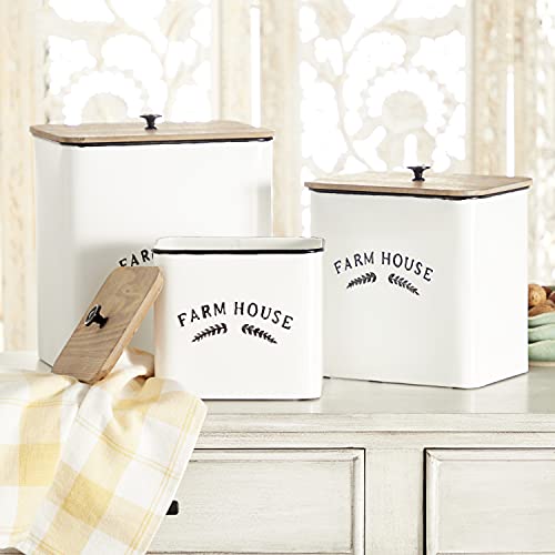 Deco 79 Metal Text Farm House Canisters with Wood Lids, Set of 3 11", 9", 7"H, White