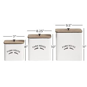 Deco 79 Metal Text Farm House Canisters with Wood Lids, Set of 3 11", 9", 7"H, White