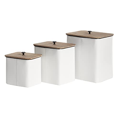 Deco 79 Metal Text Farm House Canisters with Wood Lids, Set of 3 11", 9", 7"H, White