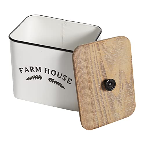 Deco 79 Metal Text Farm House Canisters with Wood Lids, Set of 3 11", 9", 7"H, White