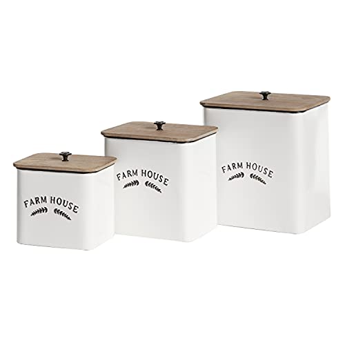 Deco 79 Metal Text Farm House Canisters with Wood Lids, Set of 3 11", 9", 7"H, White