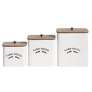 Deco 79 Metal Text Farm House Canisters with Wood Lids, Set of 3 11", 9", 7"H, White