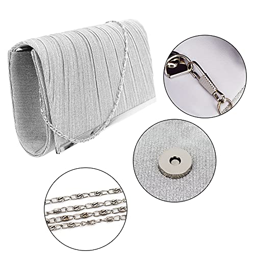 Felice Ann Mini Dazzling Sequins Pleats Evening Bag Party Prom Wedding Clutch Flap Handbag Cross Body Bag, Pleats Silver