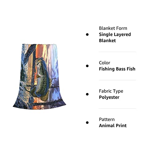 WOWUSUO Bass Fish Blanket Fishing Throw Bed Blankets Cozy Lightweight Soft Bedding for Sofa and Bed Office Travel 80x60 inches