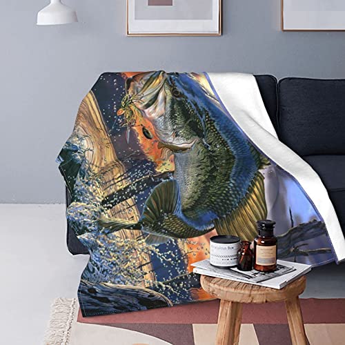 WOWUSUO Bass Fish Blanket Fishing Throw Bed Blankets Cozy Lightweight Soft Bedding for Sofa and Bed Office Travel 80x60 inches