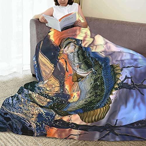 WOWUSUO Bass Fish Blanket Fishing Throw Bed Blankets Cozy Lightweight Soft Bedding for Sofa and Bed Office Travel 80x60 inches