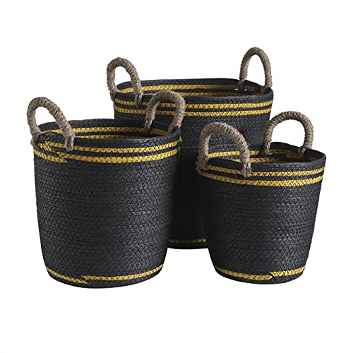 Motifeur Paper Rope Handwoven Storage Basket with Handles (Assorted Set of 3, Black and Gold)