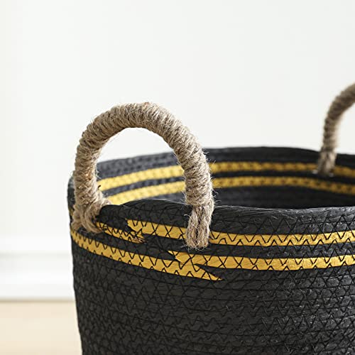 Motifeur Paper Rope Handwoven Storage Basket with Handles (Assorted Set of 3, Black and Gold)