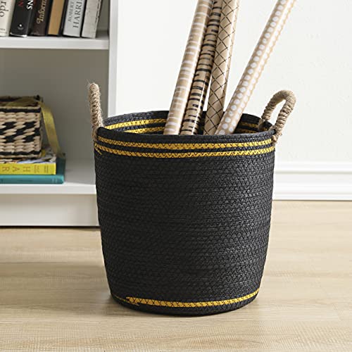 Motifeur Paper Rope Handwoven Storage Basket with Handles (Assorted Set of 3, Black and Gold)