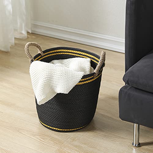 Motifeur Paper Rope Handwoven Storage Basket with Handles (Assorted Set of 3, Black and Gold)