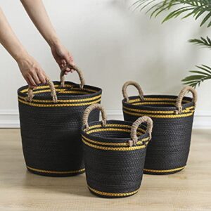 Motifeur Paper Rope Handwoven Storage Basket with Handles (Assorted Set of 3, Black and Gold)