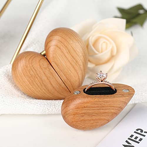 Wooden Ring Box Heart Shaped Ring Box for Wedding,Proposal,Engagement Ring Box,Wood Ring Case Wood Ring Holder Gift (Brilliant Heart Cherry)