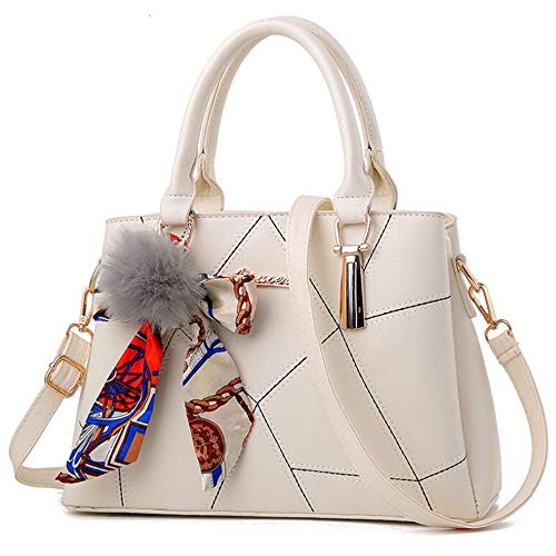 SMALLBLUER Top-handle Handbags Purse Soft PU Leather Crossbody Shoulder Bag Satchel with Bowknot Plush Ball Pendant-Beige