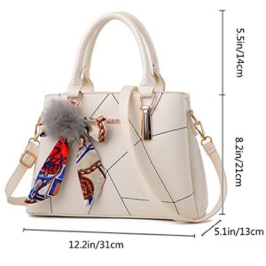 SMALLBLUER Top-handle Handbags Purse Soft PU Leather Crossbody Shoulder Bag Satchel with Bowknot Plush Ball Pendant-Beige