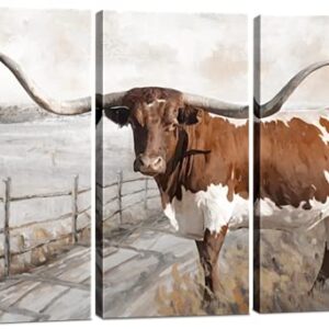 Longhorn Wall Decor - Western Decor Wall Art - Farmhouse Artwork - Cow Canvas Wall Art - 3 Piece Set 24x36 - Texas Theme Picture for Home or Office