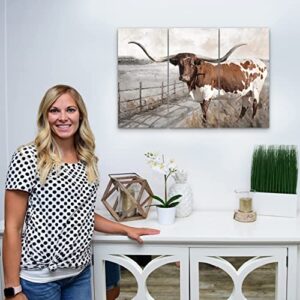 Longhorn Wall Decor - Western Decor Wall Art - Farmhouse Artwork - Cow Canvas Wall Art - 3 Piece Set 24x36 - Texas Theme Picture for Home or Office