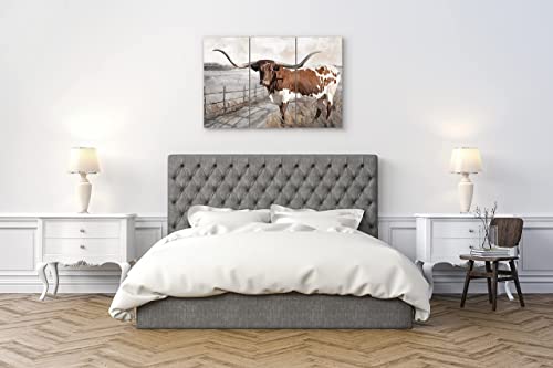 Longhorn Wall Decor - Western Decor Wall Art - Farmhouse Artwork - Cow Canvas Wall Art - 3 Piece Set 24x36 - Texas Theme Picture for Home or Office