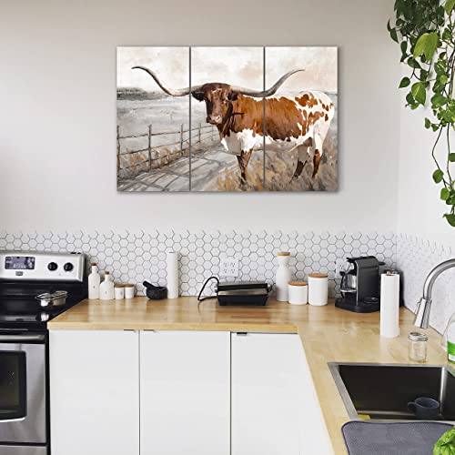 Longhorn Wall Decor - Western Decor Wall Art - Farmhouse Artwork - Cow Canvas Wall Art - 3 Piece Set 24x36 - Texas Theme Picture for Home or Office