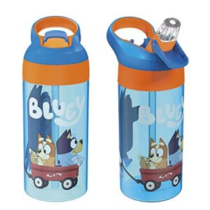 zak designs 17.5 oz riverside bluey kids water bottle with straw and built in carrying loop made of durable plastic, leak-proof design for travel, 2pk set