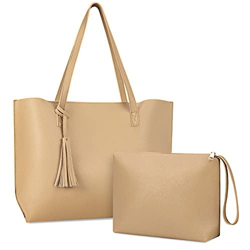 Tote Bag for Women Leather Purses and Handbags Tassel Shoulder Bag Purse Set 2pcs Apricot