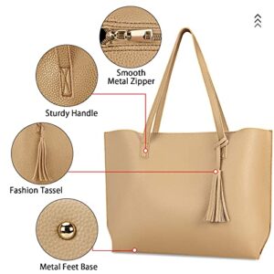 Tote Bag for Women Leather Purses and Handbags Tassel Shoulder Bag Purse Set 2pcs Apricot