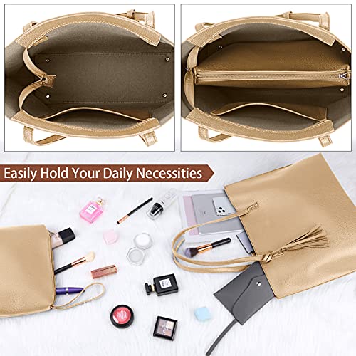 Tote Bag for Women Leather Purses and Handbags Tassel Shoulder Bag Purse Set 2pcs Apricot