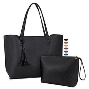 tote bag for women leather purses and handbags tassel shoulder bag purse set 2pcs (black)