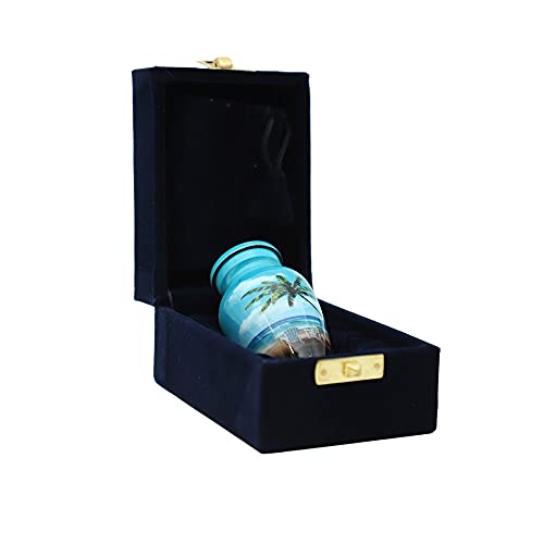 HLC Blue Beach Small Keepsake - Keepsake Urn with 1 Velvet Box Bag-Mini Keepsake Urn - Ashes Urn 4" H x 2.4" W x 3" L