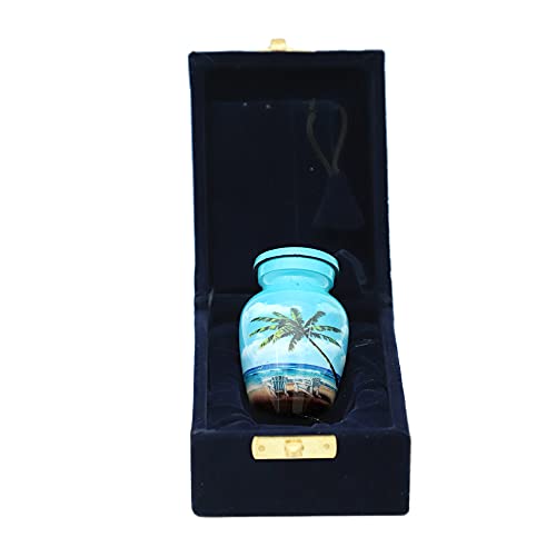 HLC Blue Beach Small Keepsake - Keepsake Urn with 1 Velvet Box Bag-Mini Keepsake Urn - Ashes Urn 4" H x 2.4" W x 3" L