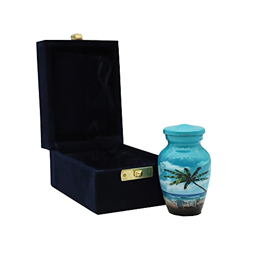 HLC Blue Beach Small Keepsake - Keepsake Urn with 1 Velvet Box Bag-Mini Keepsake Urn - Ashes Urn 4" H x 2.4" W x 3" L