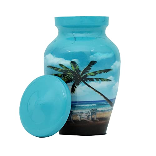 HLC Blue Beach Small Keepsake - Keepsake Urn with 1 Velvet Box Bag-Mini Keepsake Urn - Ashes Urn 4" H x 2.4" W x 3" L