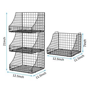 Storage Bins Closet Organizers and Storage 3 Pack, Rustic Stackable Metal Wire Basket for Clothes Toys Snacks, Open Pantry Baskets for Countertop Cabinet Living Room Black, 11.5x11.5x21inch