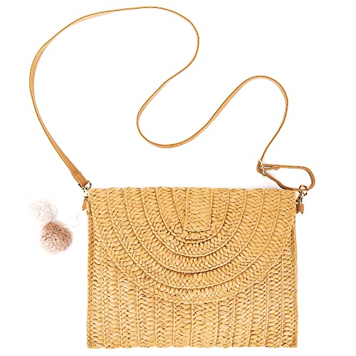 Straw Shoulder Bag Straw Clutch Straw Crossbody Bag Handmade Straw Beach Bag for Women Envelope Purse Wallet with Hand-woven Pompom (Light Brown)