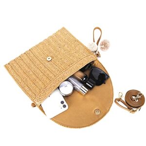 Straw Shoulder Bag Straw Clutch Straw Crossbody Bag Handmade Straw Beach Bag for Women Envelope Purse Wallet with Hand-woven Pompom (Light Brown)