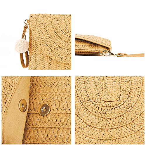 Straw Shoulder Bag Straw Clutch Straw Crossbody Bag Handmade Straw Beach Bag for Women Envelope Purse Wallet with Hand-woven Pompom (Light Brown)