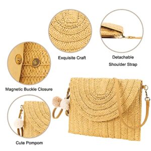 Straw Shoulder Bag Straw Clutch Straw Crossbody Bag Handmade Straw Beach Bag for Women Envelope Purse Wallet with Hand-woven Pompom (Light Brown)