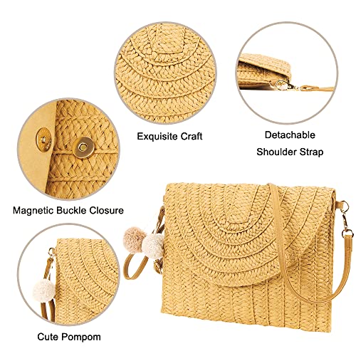 Straw Shoulder Bag Straw Clutch Straw Crossbody Bag Handmade Straw Beach Bag for Women Envelope Purse Wallet with Hand-woven Pompom (Light Brown)