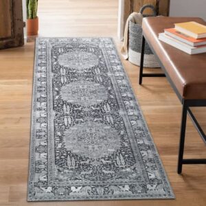 superior traditional medallion and nature flat-weave indoor runner rug, 2′ 6″ x 7′ 6″, charcoal