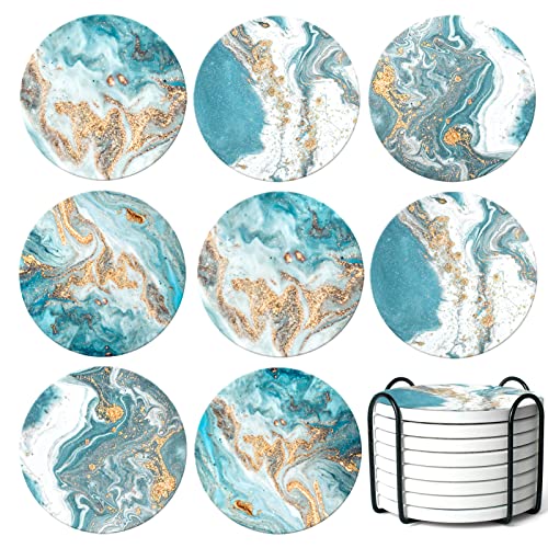 Teivio Round Drink Coasters Set of 8, Blue Marble Absorbent Stone Coaster Set, Cork Base, with Holder, Decorative Cup Coasters for Housewarming