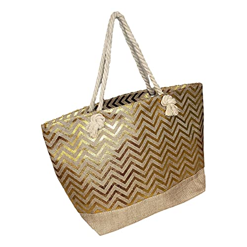 Large Women Metallic Print Tote Beach Bag with Zipper Top - Silver or Gold - Chevron or Stripe Pattern - Can be Personalized with Initial, Monogram or Name (Gold Chevron)