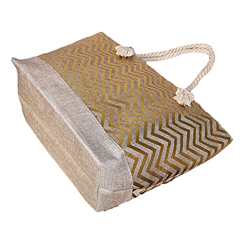 Large Women Metallic Print Tote Beach Bag with Zipper Top - Silver or Gold - Chevron or Stripe Pattern - Can be Personalized with Initial, Monogram or Name (Gold Chevron)