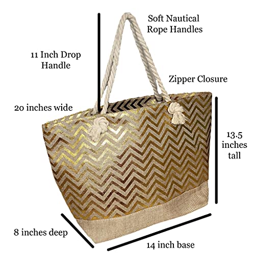 Large Women Metallic Print Tote Beach Bag with Zipper Top - Silver or Gold - Chevron or Stripe Pattern - Can be Personalized with Initial, Monogram or Name (Gold Chevron)